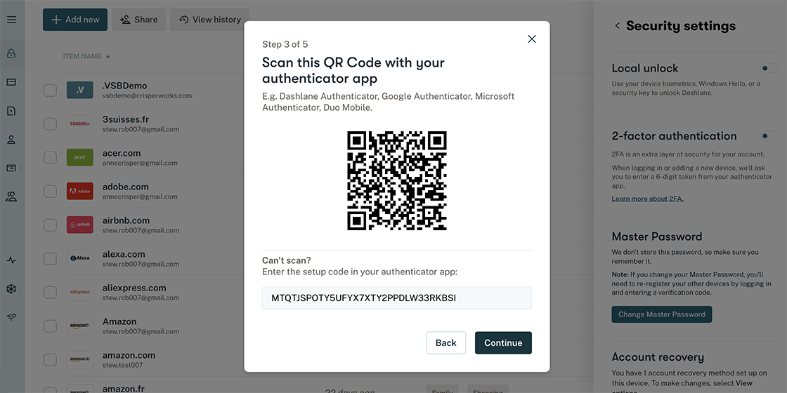 I can't find the QR code for 2FA – Dashlane