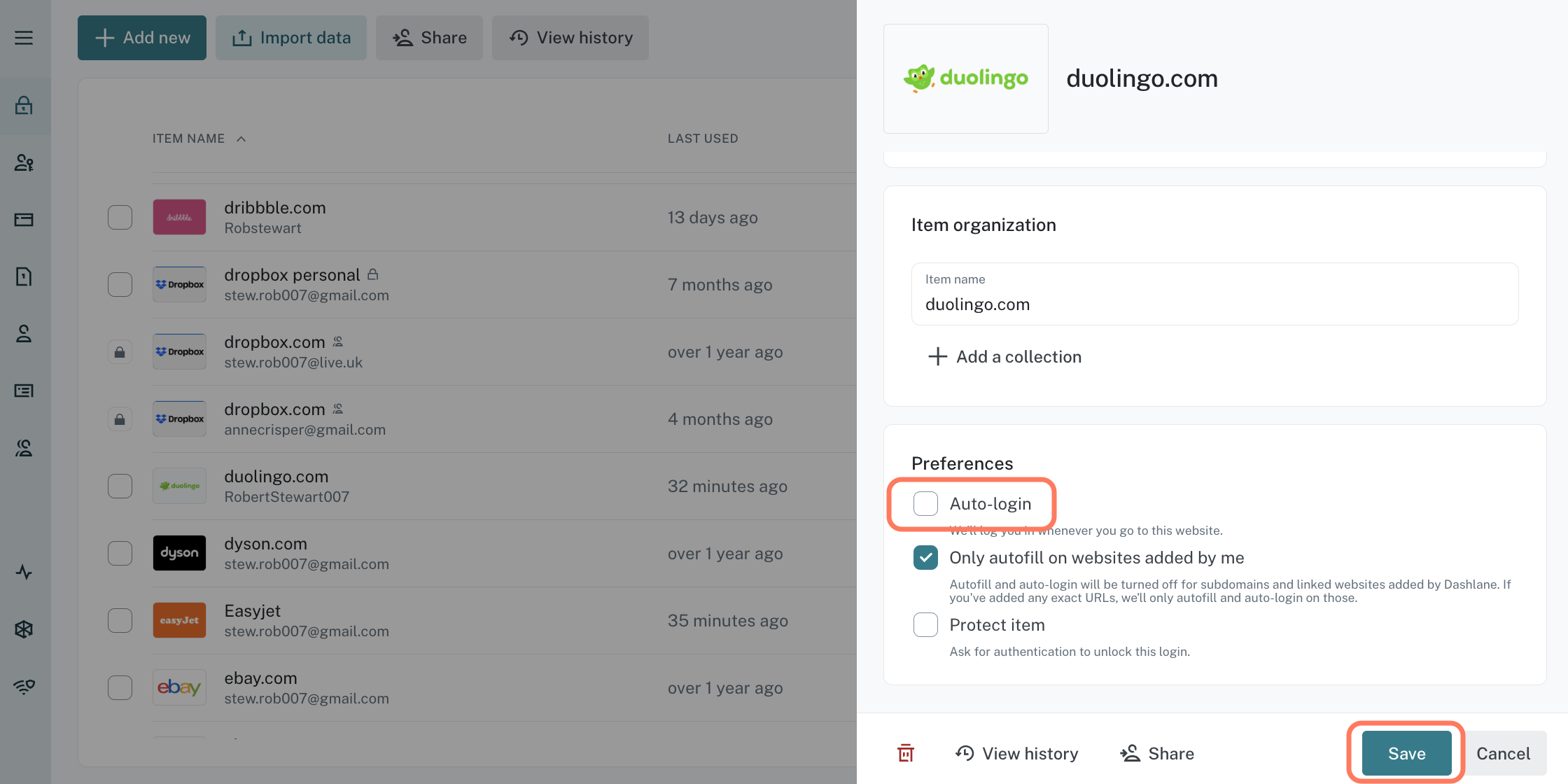 Stop automatically logging in to one or all websites – Dashlane