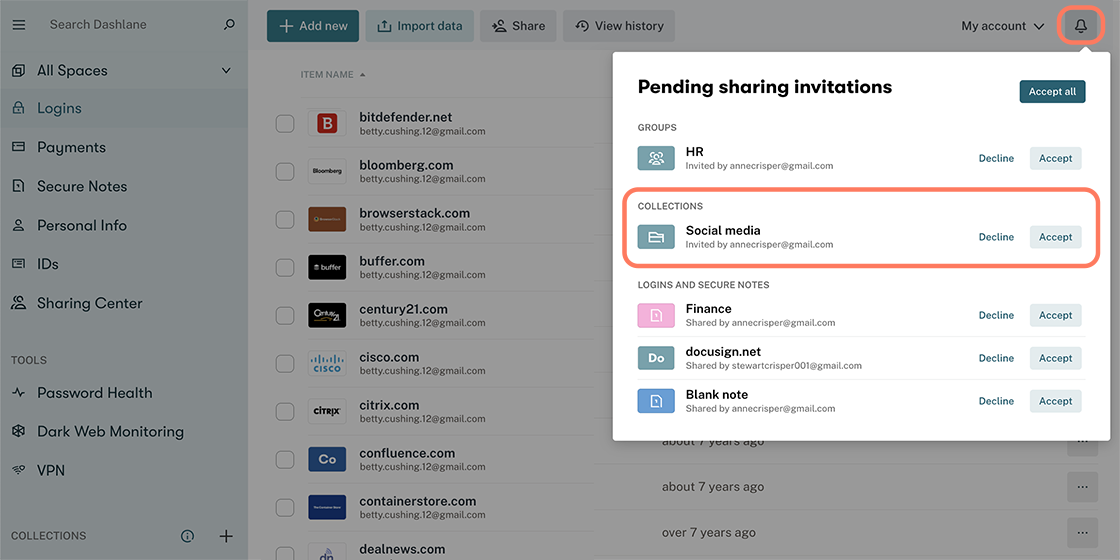 Share Collections with members of professional plans – Dashlane