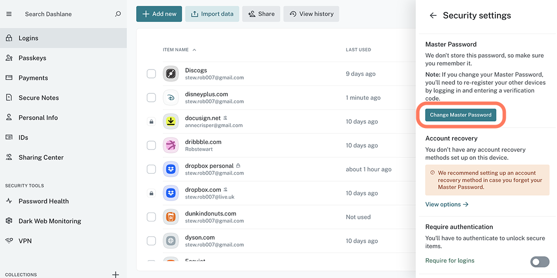 Master Password alerts – Dashlane