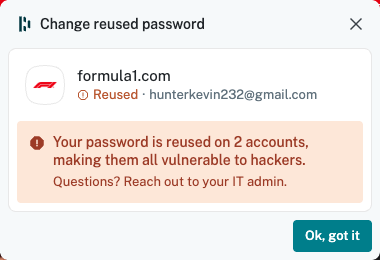 In-browser Nudges (security alerts) – Dashlane